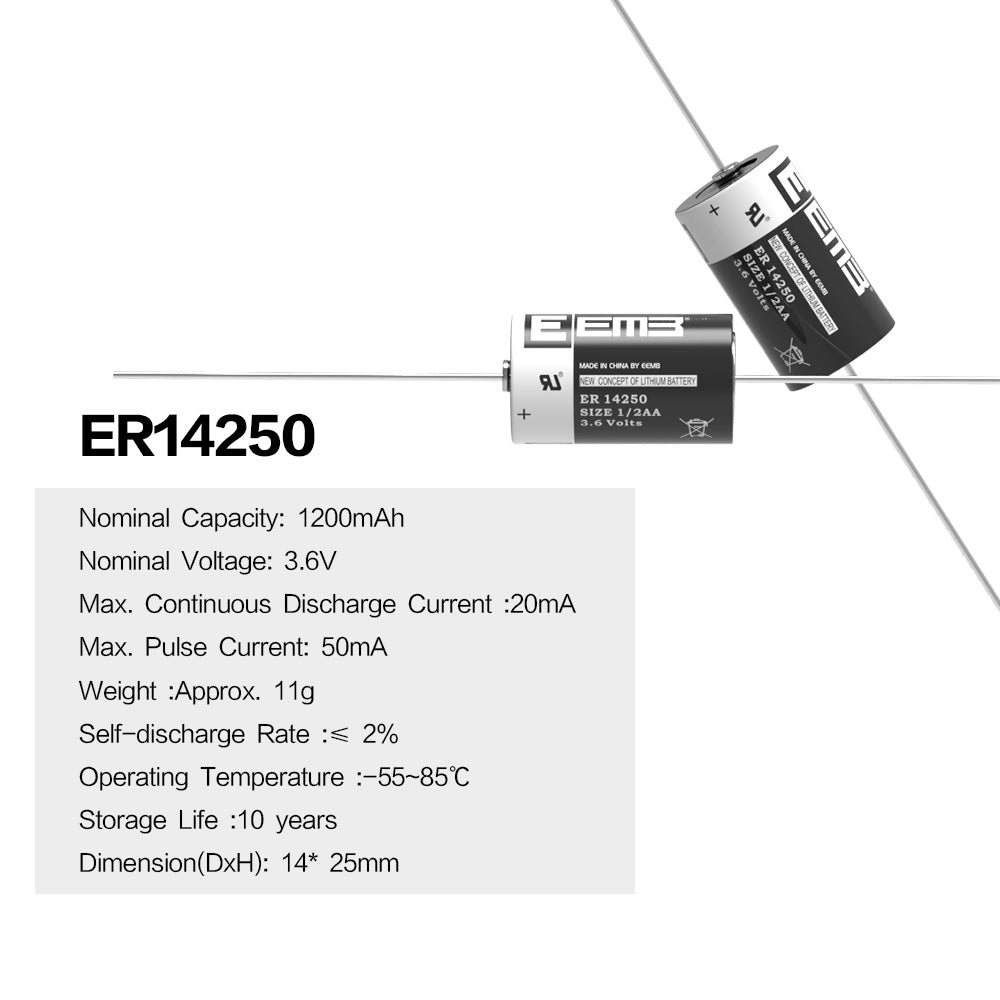 EEMB 3.6V Lithium Battery ER14250 1/2AA Terminations Axial Leads -AX ...