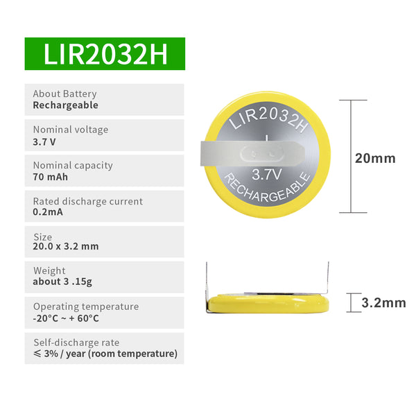 LIR2032H-VBY2 -- 3.7V 70mAh - All Things Lithium