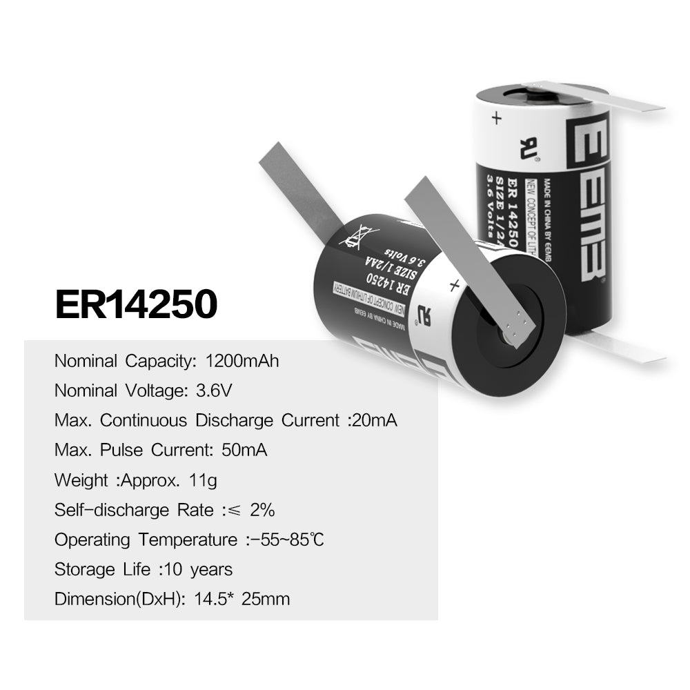 EEMB 3.6V Lithium Battery ER14250 1/2AA w/Solder Pin - All Things Lithium